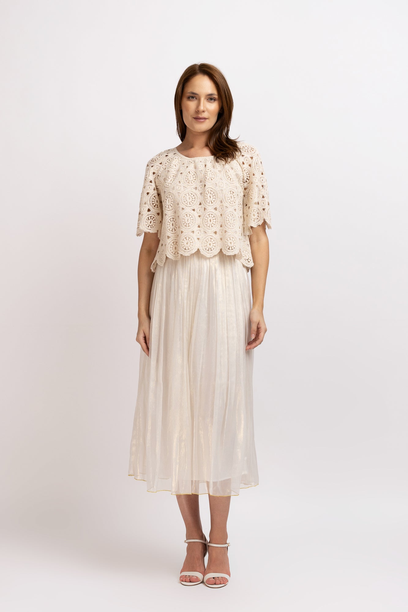 Fusta midi ivoire din voal de matase cu folie metalica aplicata ...