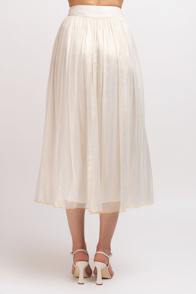 Fusta midi ivoire din voal de matase cu folie metalica aplicata ...